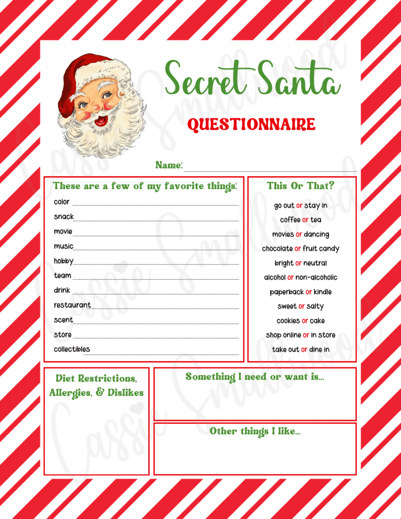 Secret Santa Questionnaire Printable Secret Santa Questionnaire Printable