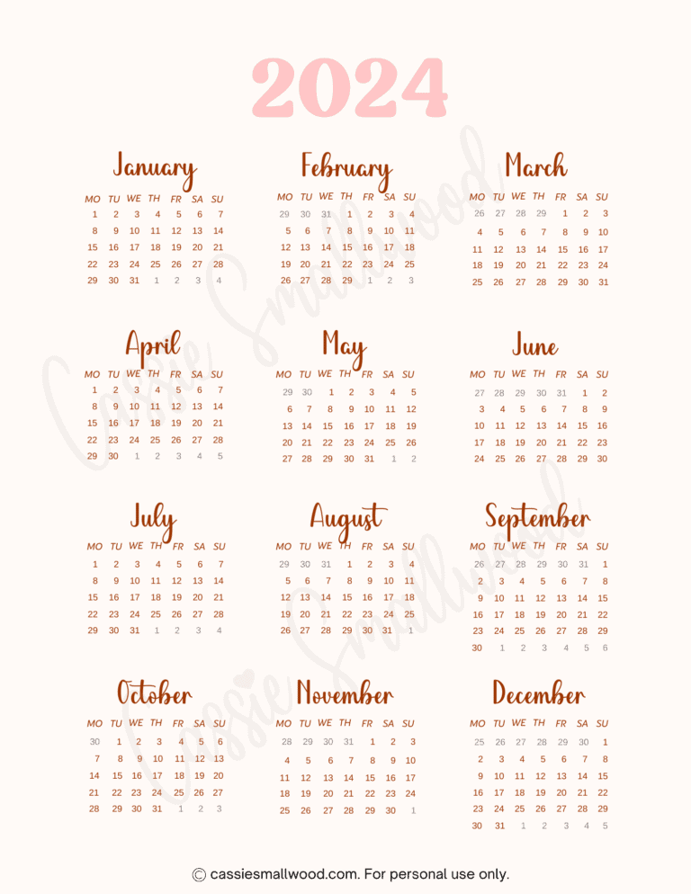 Cute Free Printable Monthly Calendar 2024 - Cassie Smallwood