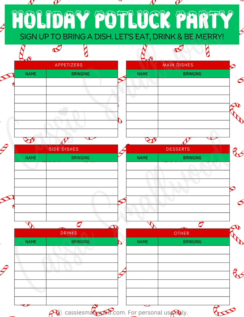 CUTE Christmas Potluck Sign Up Sheets - Cassie Smallwood