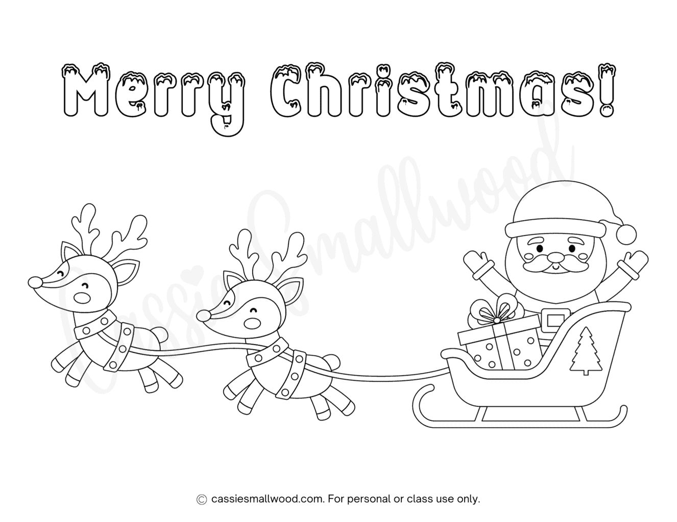 Santa Sleigh and Reindeer Coloring Page - Cassie Smallwood