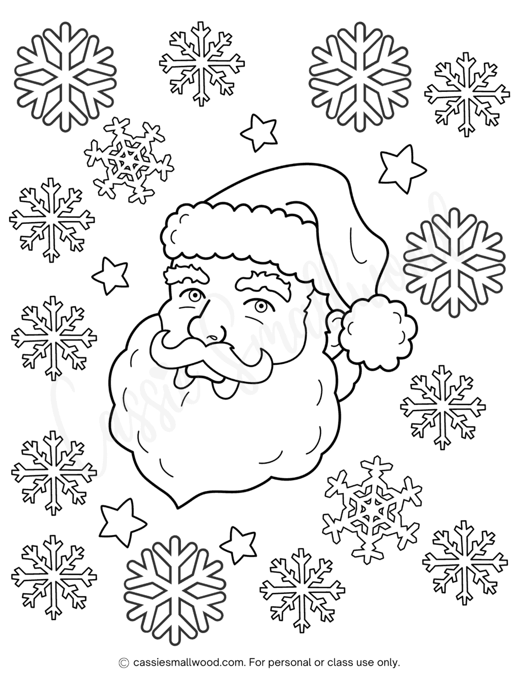 Snowflakes and Santa Face Coloring Page - Cassie Smallwood