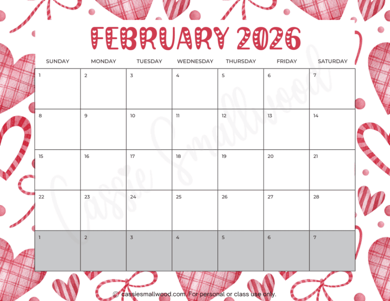 Cute Free Printable 2026 Monthly Calendar (Blank & With Holidays ...