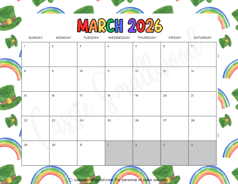 Cute Free Printable 2026 Monthly Calendar (Blank & With Holidays ...