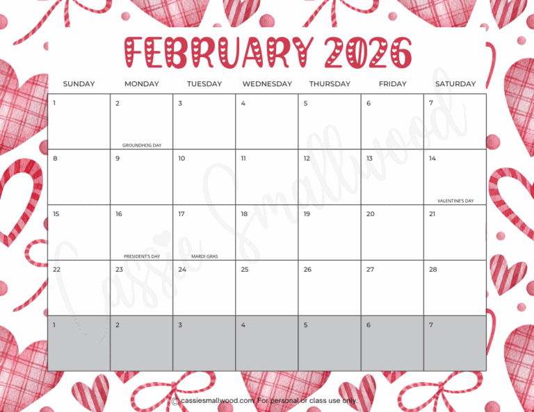 Cute Free Printable 2026 Monthly Calendar (Blank & With Holidays ...