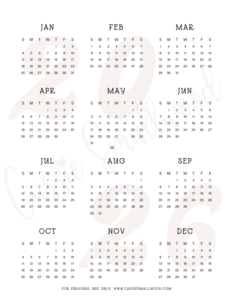 Cute Free Printable 2026 Monthly Calendar (Blank & With Holidays ...