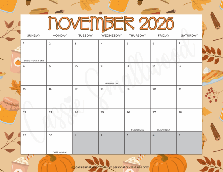 Cute Free Printable 2026 Monthly Calendar (Blank & With Holidays ...