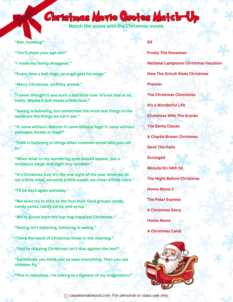 FREE Printable Christmas Game - Christmas Movie Quotes Match-Up ...