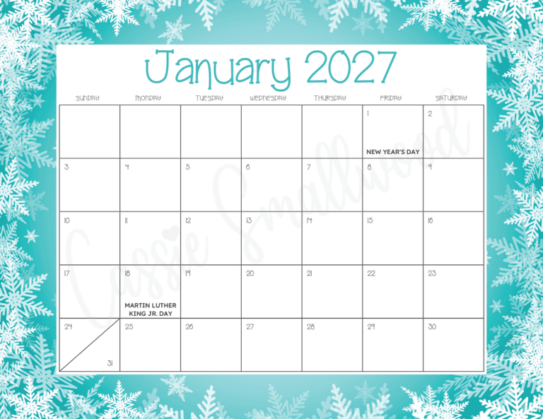 CUTE Free Printable 2027 Monthly Calendar - Cassie Smallwood