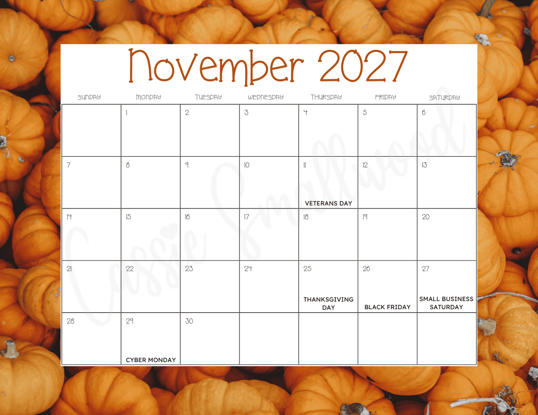 November 2027 calendar with holidays free printable pdf - Cassie Smallwood