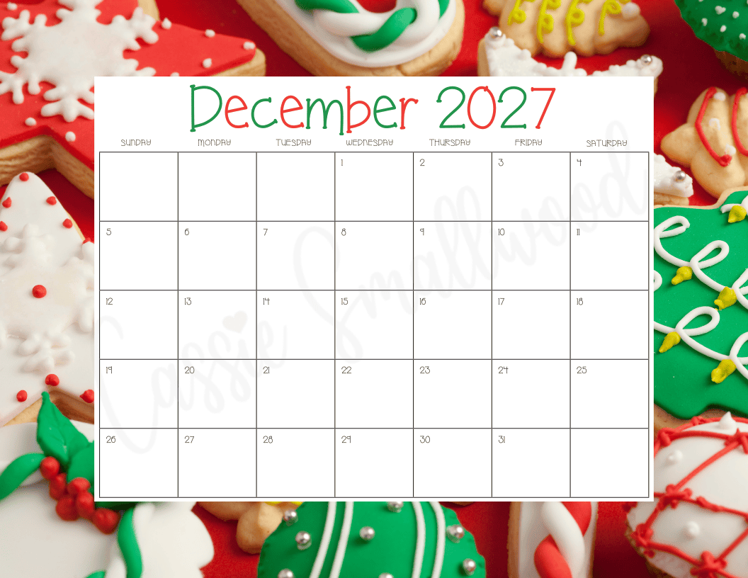 Cute December 2027 calendar free printable - Cassie Smallwood