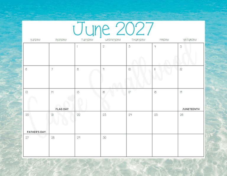 CUTE Free Printable 2027 Monthly Calendar - Cassie Smallwood