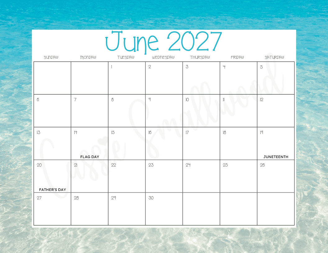free printable June 2027 calendar with holidays - Cassie Smallwood