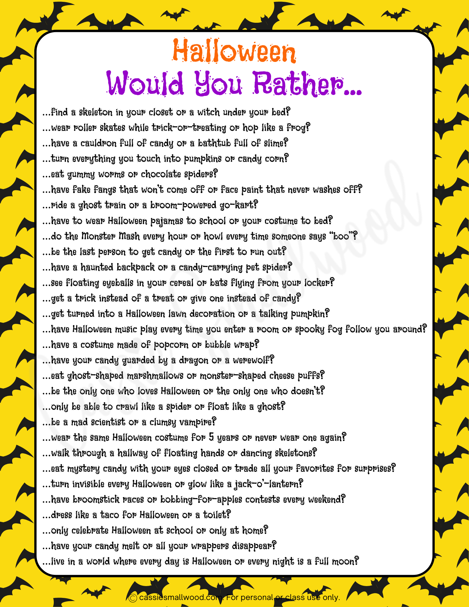 150 Halloween Would You Rather Questions (FREE Printable) - Cassie ...