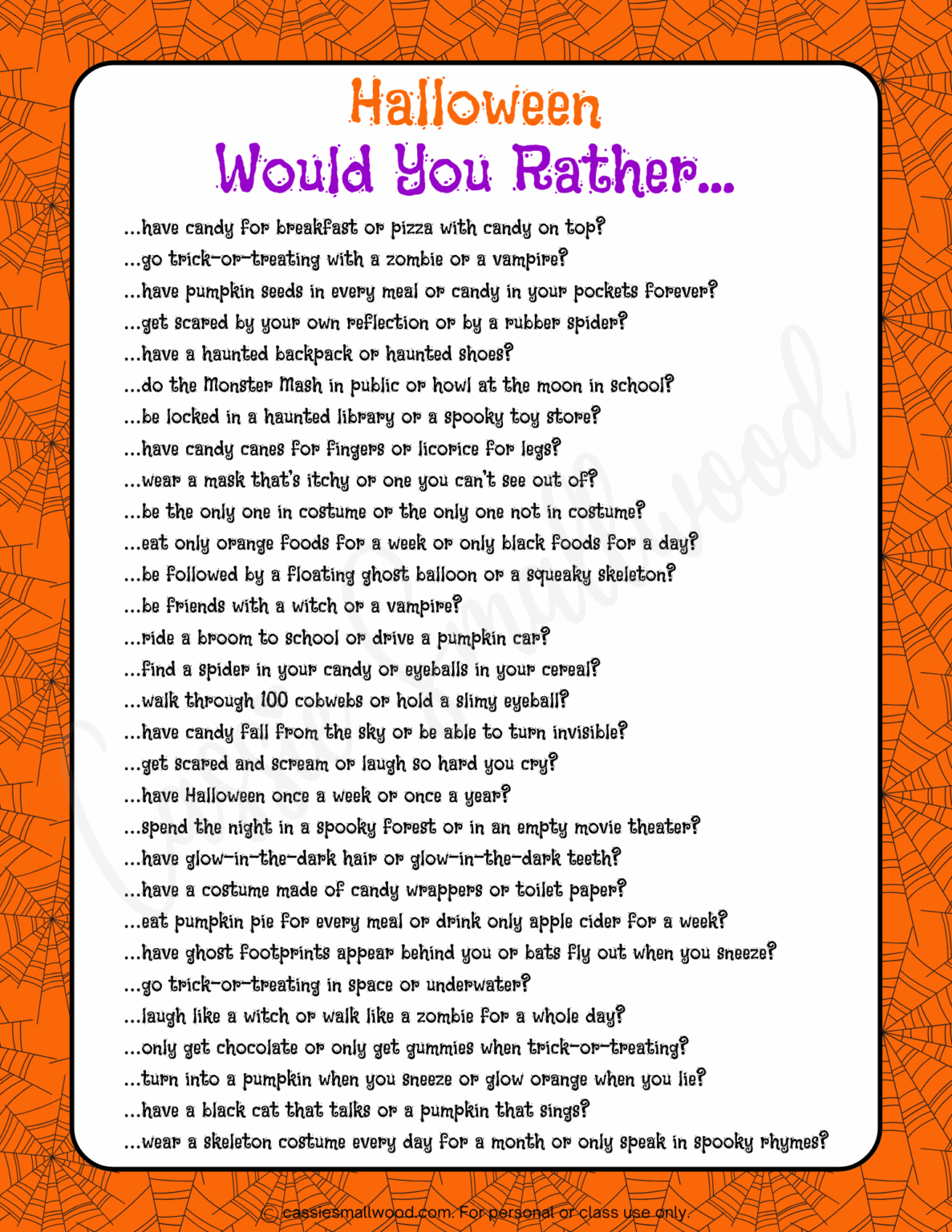 150 Halloween Would You Rather Questions (FREE Printable) - Cassie ...