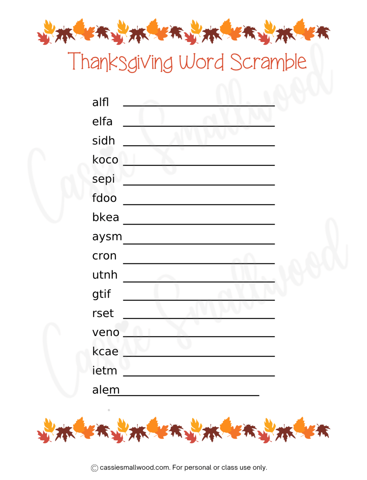 Thanksgiving Word Scrambles (With Answers) - Cassie Smallwood