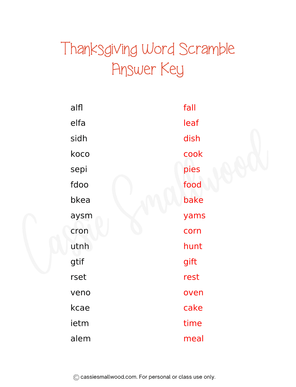 Thanksgiving Word Scrambles (With Answers) - Cassie Smallwood