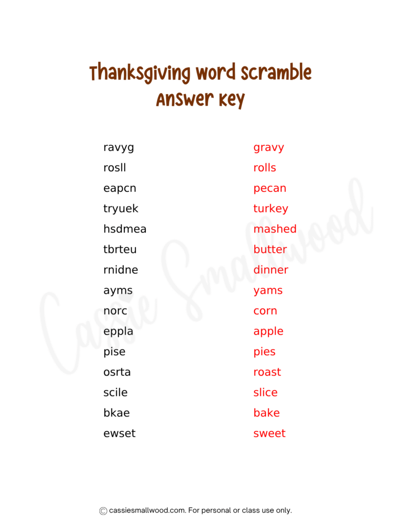 Thanksgiving Word Scrambles (With Answers) - Cassie Smallwood