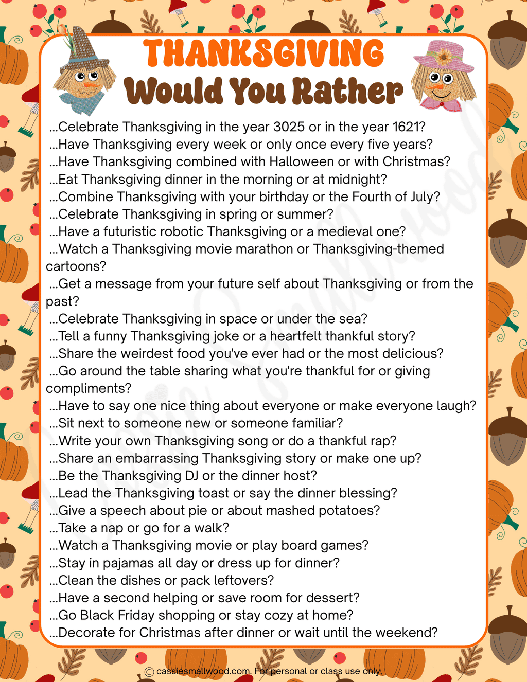 200 Thanksgiving Would You Rather Questions (FREE Printables) - Cassie ...