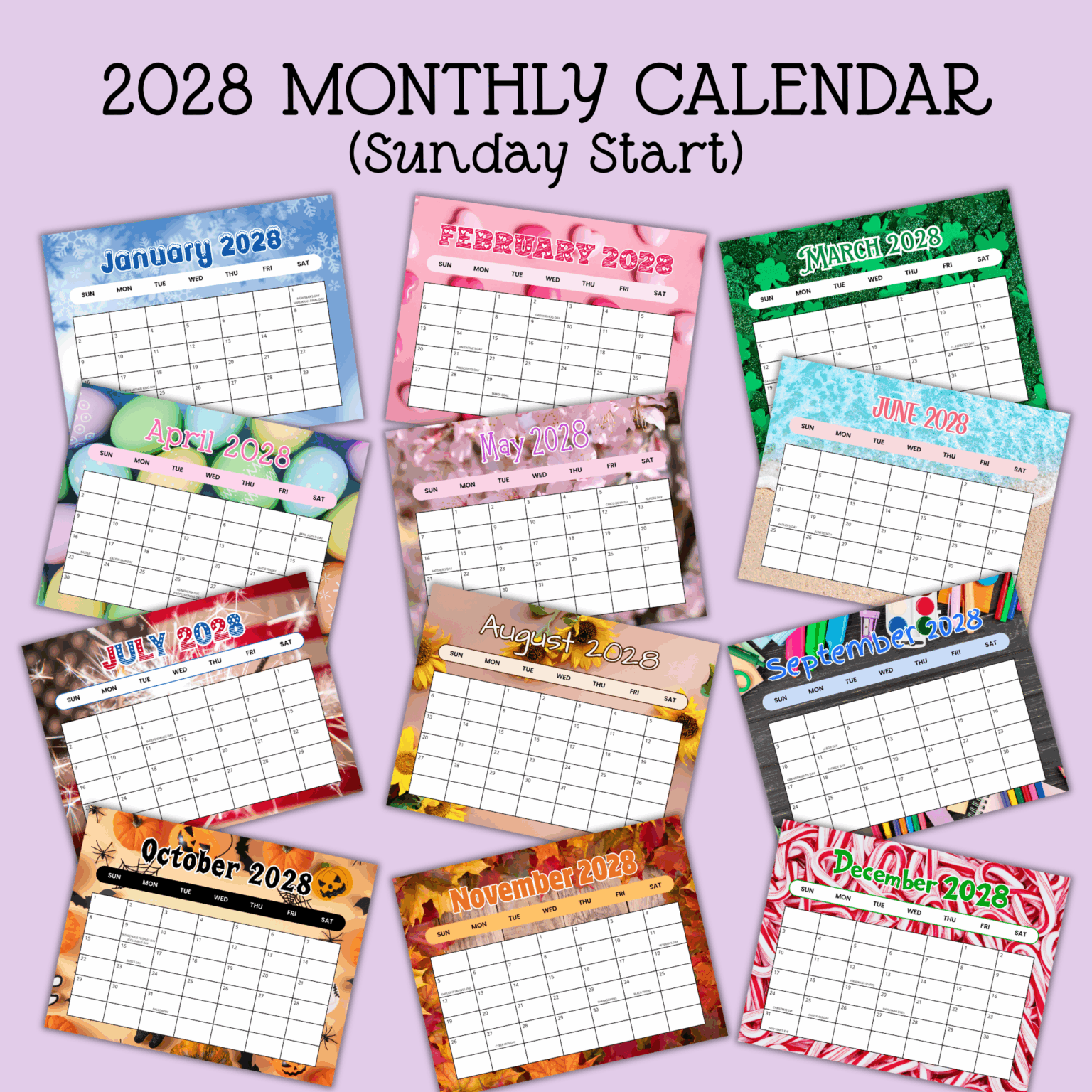 CUTE Free Printable 2028 Monthly Calendars (With Holidays & Without ...