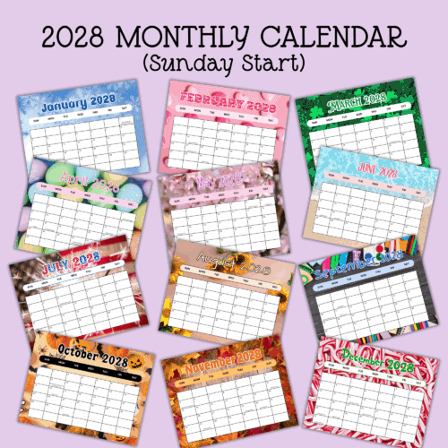 CUTE Free Printable 2028 Monthly Calendars (With Holidays & Without ...