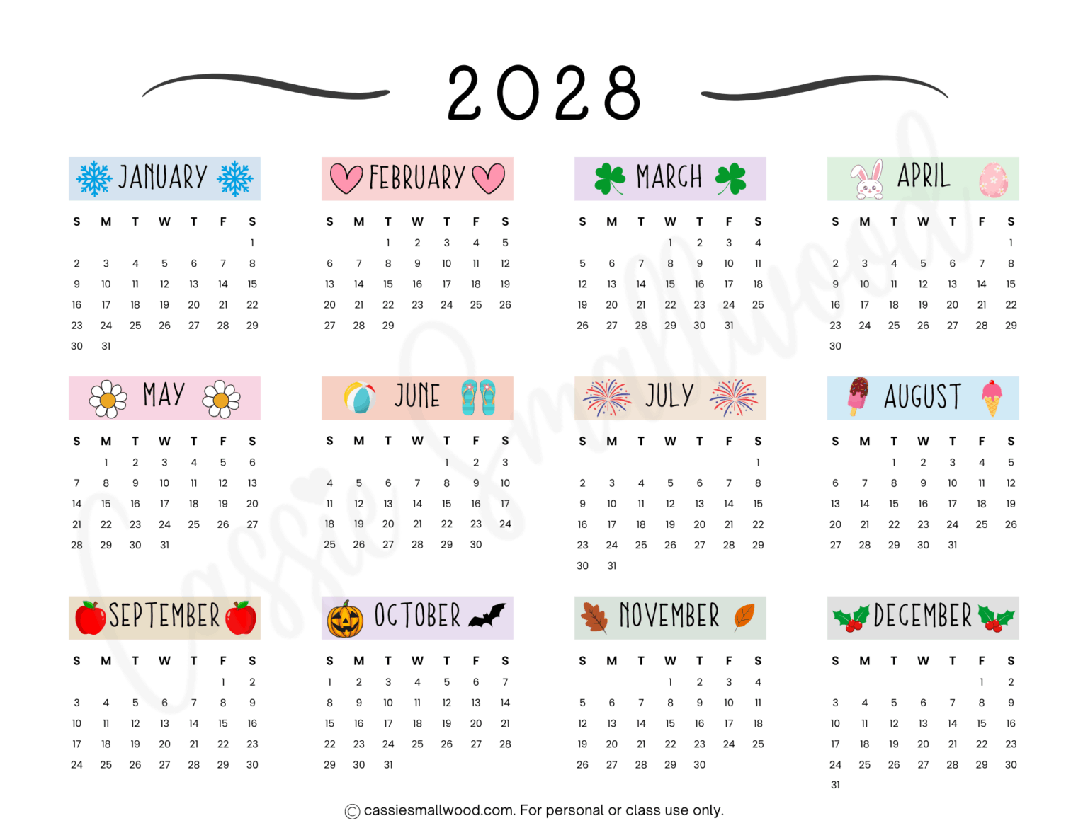 CUTE Free Printable 2028 Monthly Calendars (With Holidays & Without ...