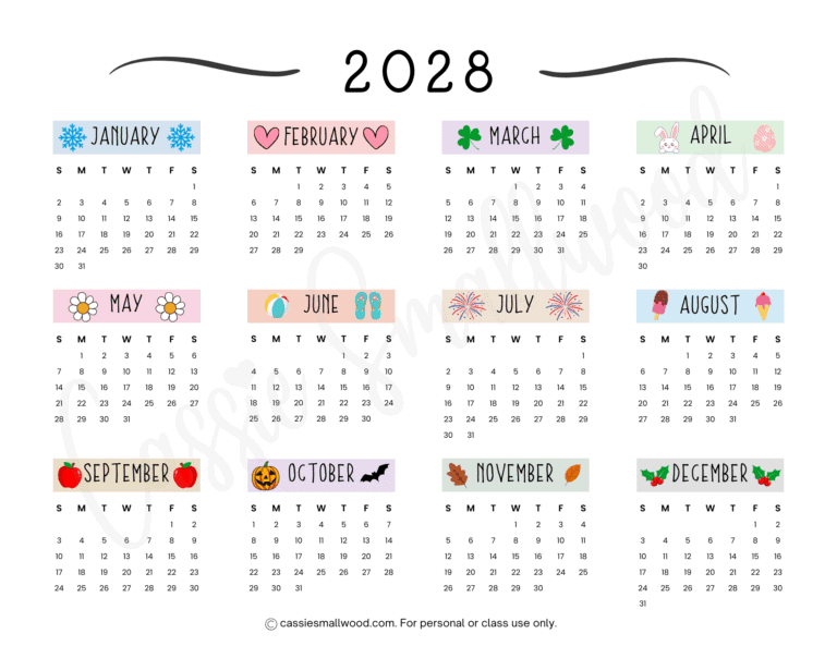 CUTE Free Printable 2028 Monthly Calendars (With Holidays & Without ...