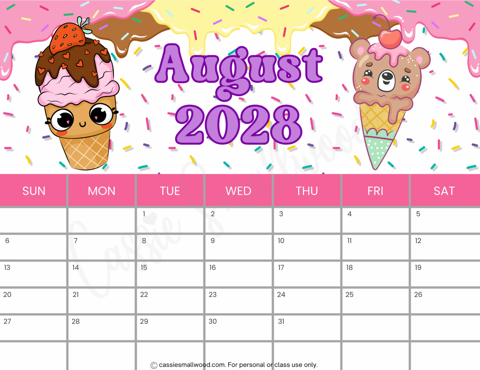 CUTE Free Printable 2028 Monthly Calendars (With Holidays & Without ...