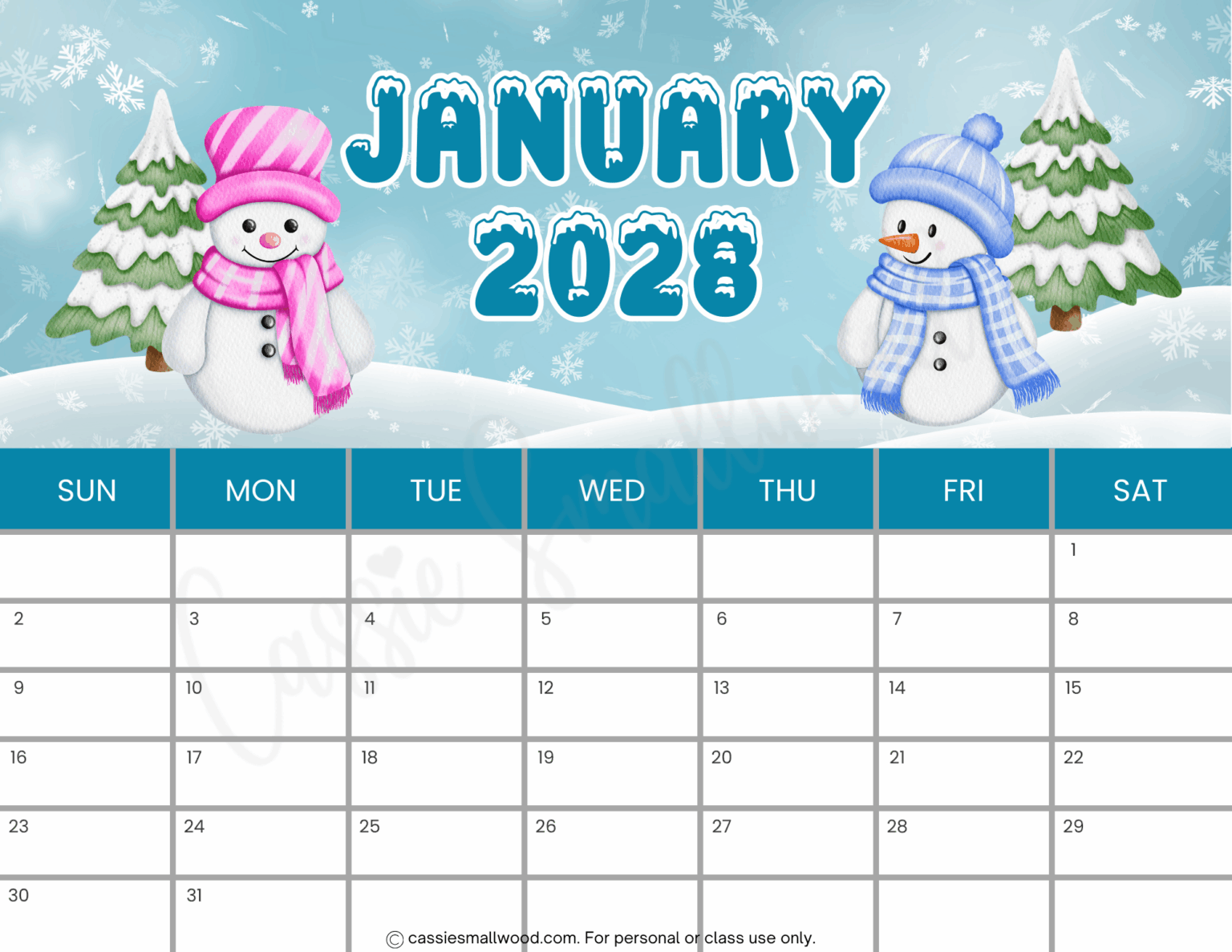 CUTE Free Printable 2028 Monthly Calendars (With Holidays & Without ...