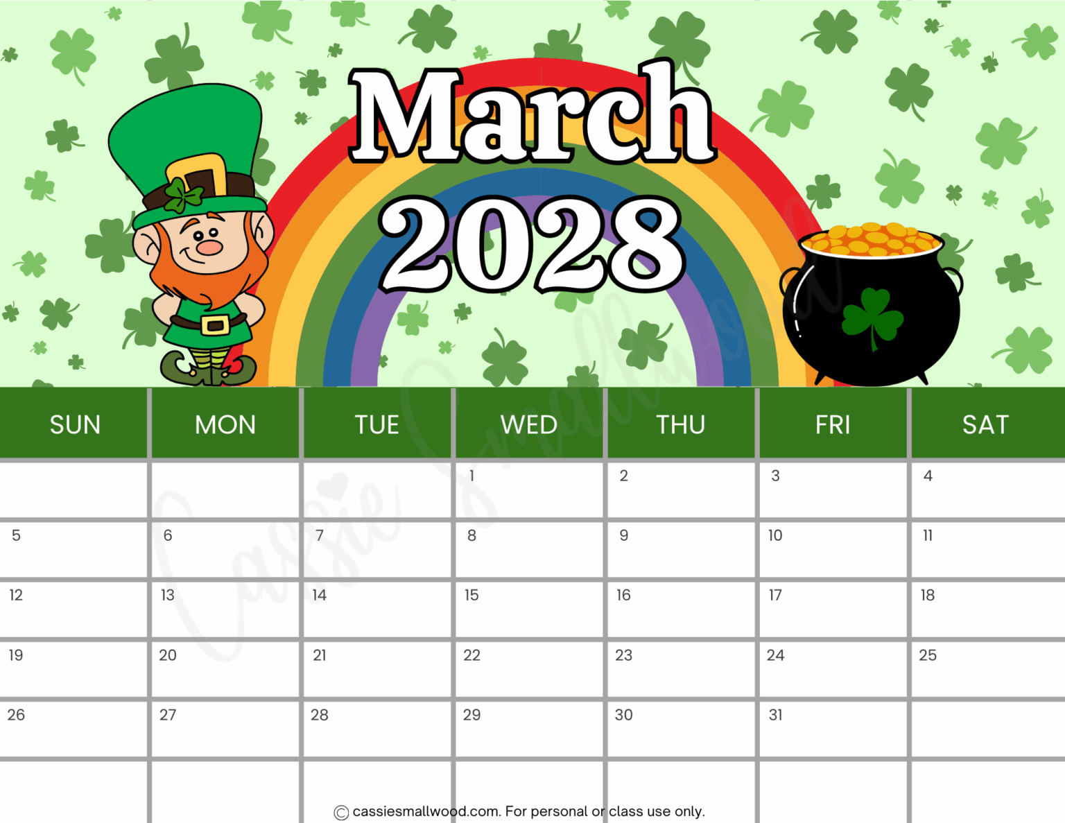 CUTE Free Printable 2028 Monthly Calendars (With Holidays & Without ...