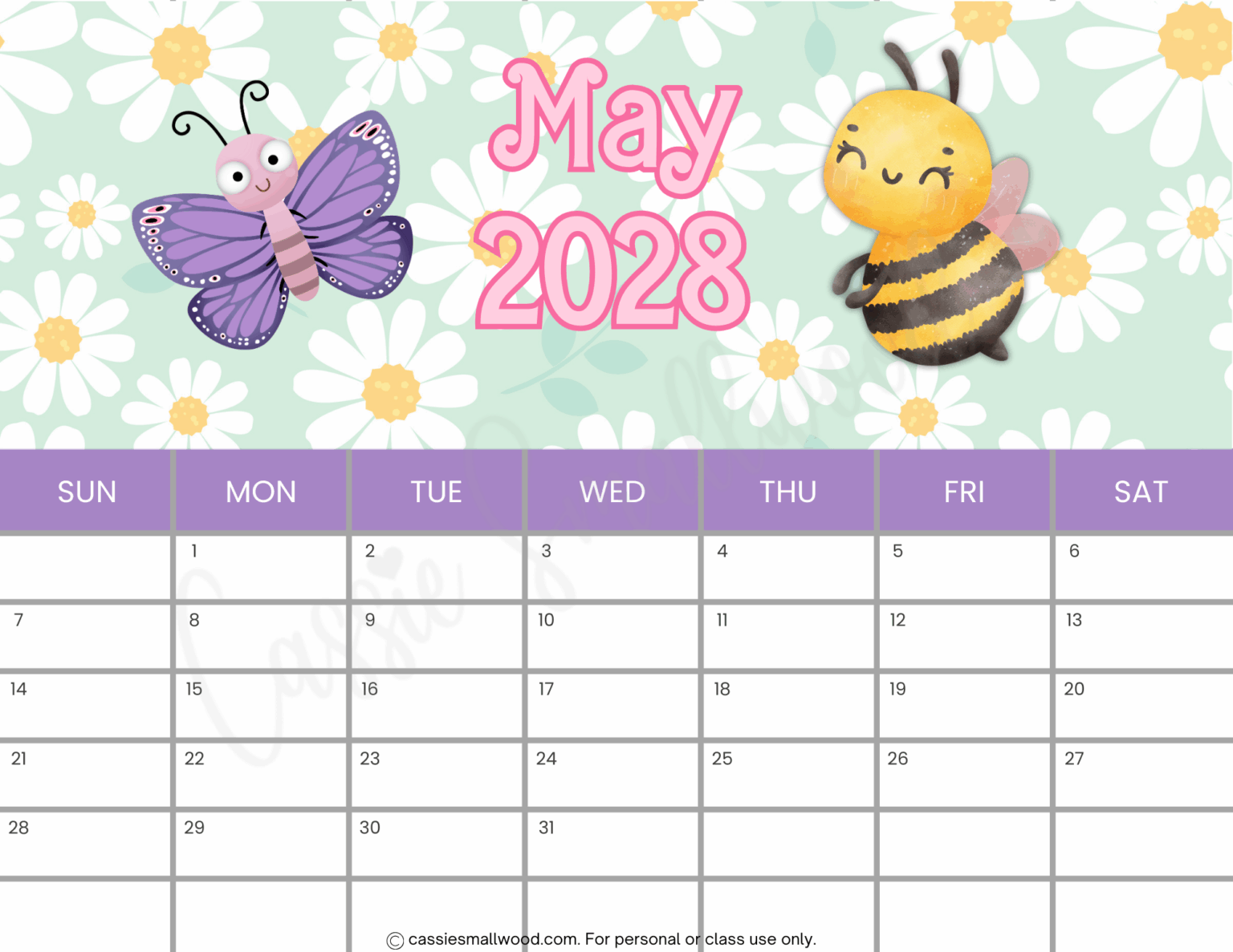 CUTE Free Printable 2028 Monthly Calendars (With Holidays & Without ...
