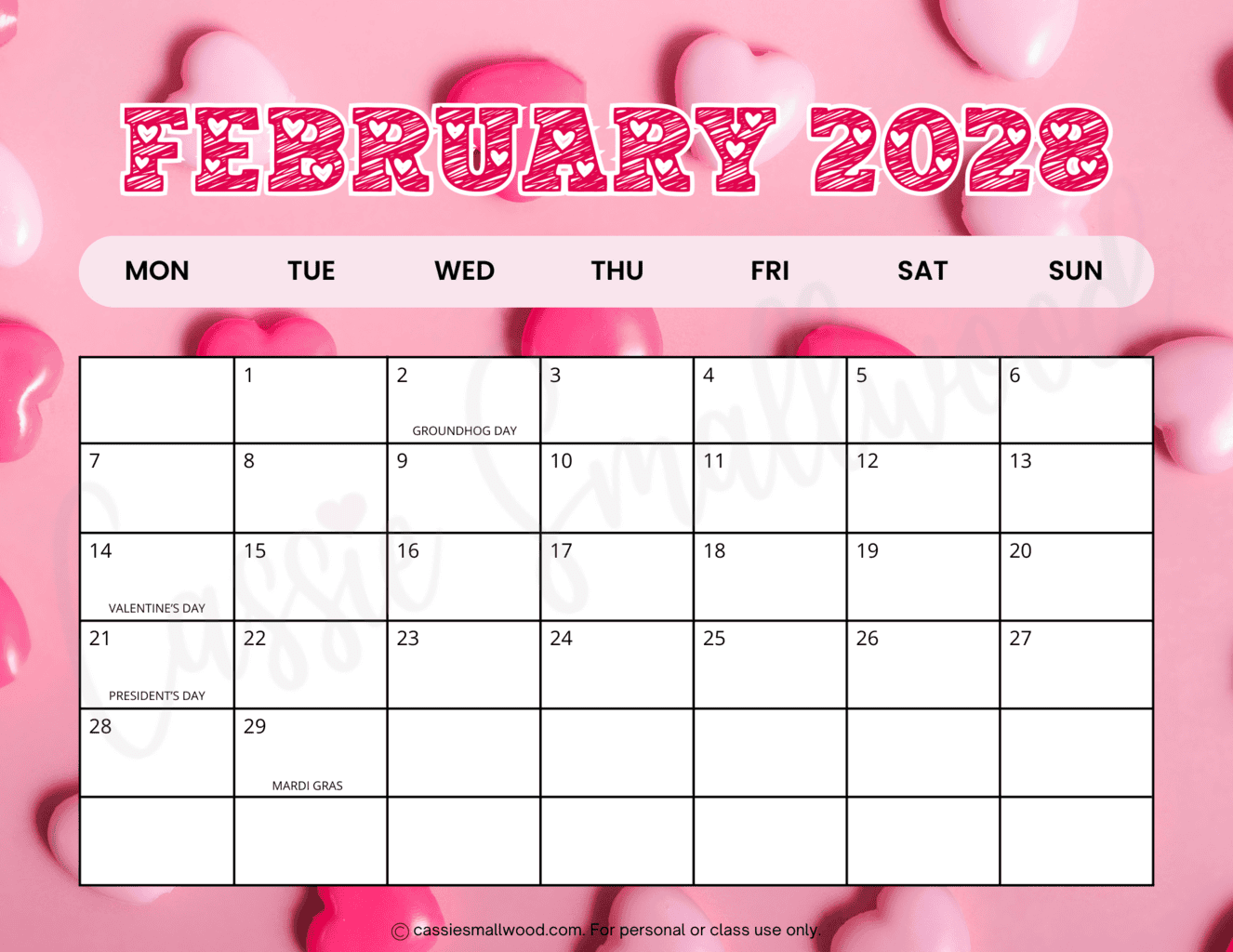 Monday Start Landscape February 2028 Calendar With Holidays - Cassie ...