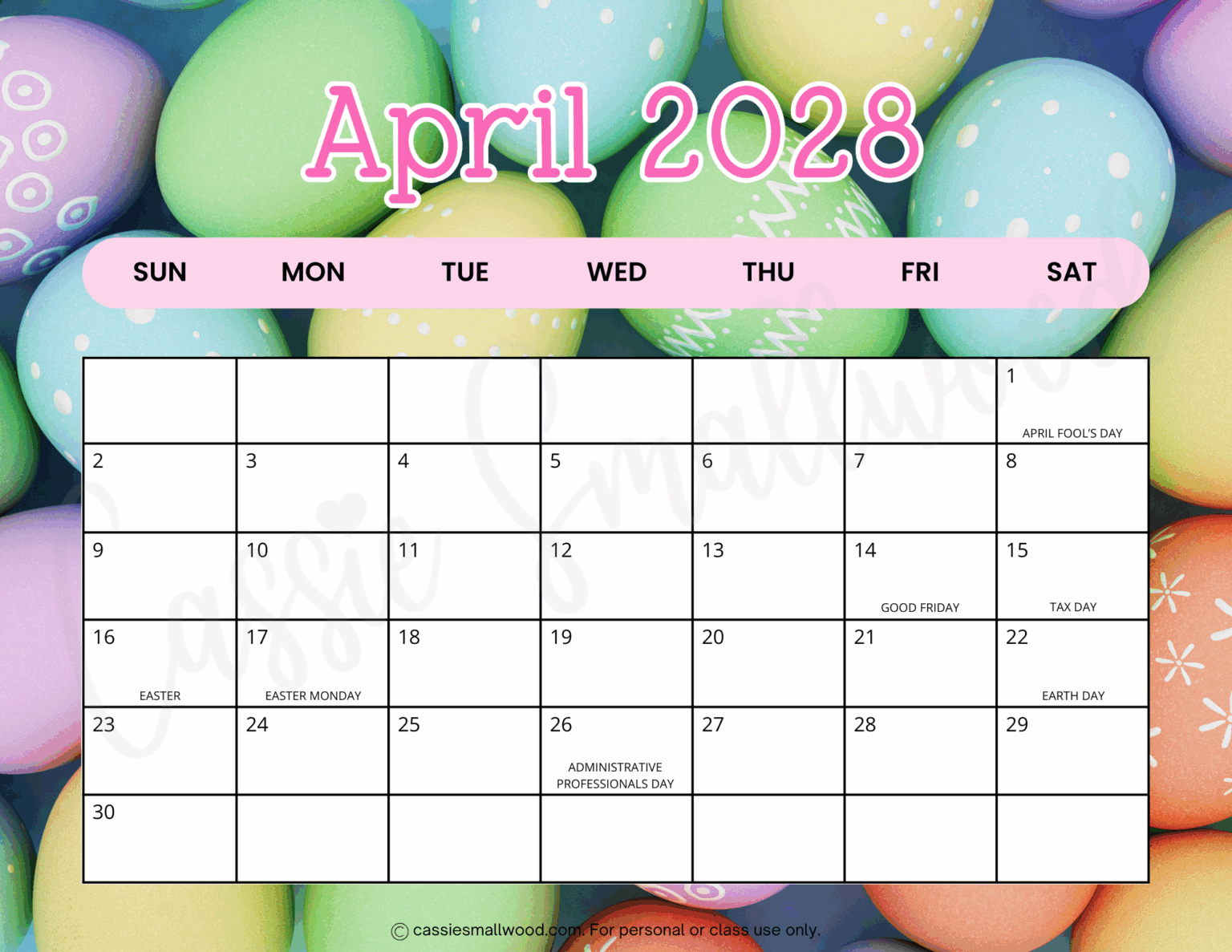 CUTE Free Printable 2028 Monthly Calendars (With Holidays & Without ...