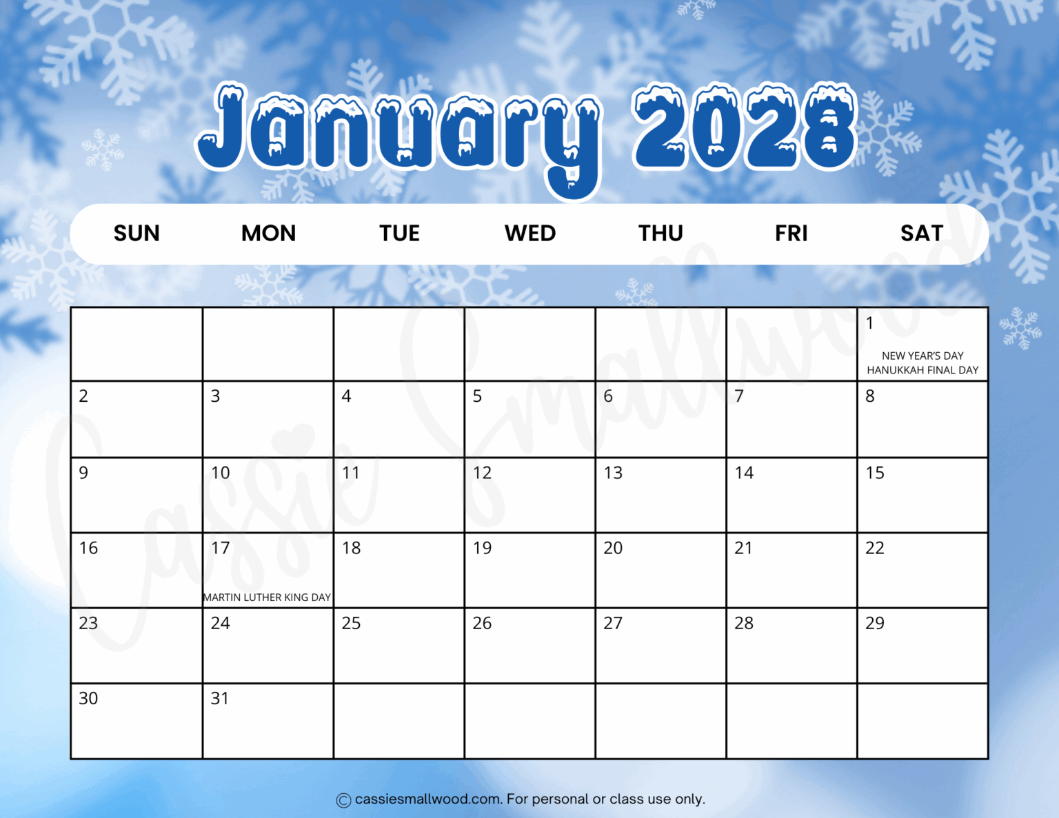 CUTE Free Printable 2028 Monthly Calendars (With Holidays & Without ...