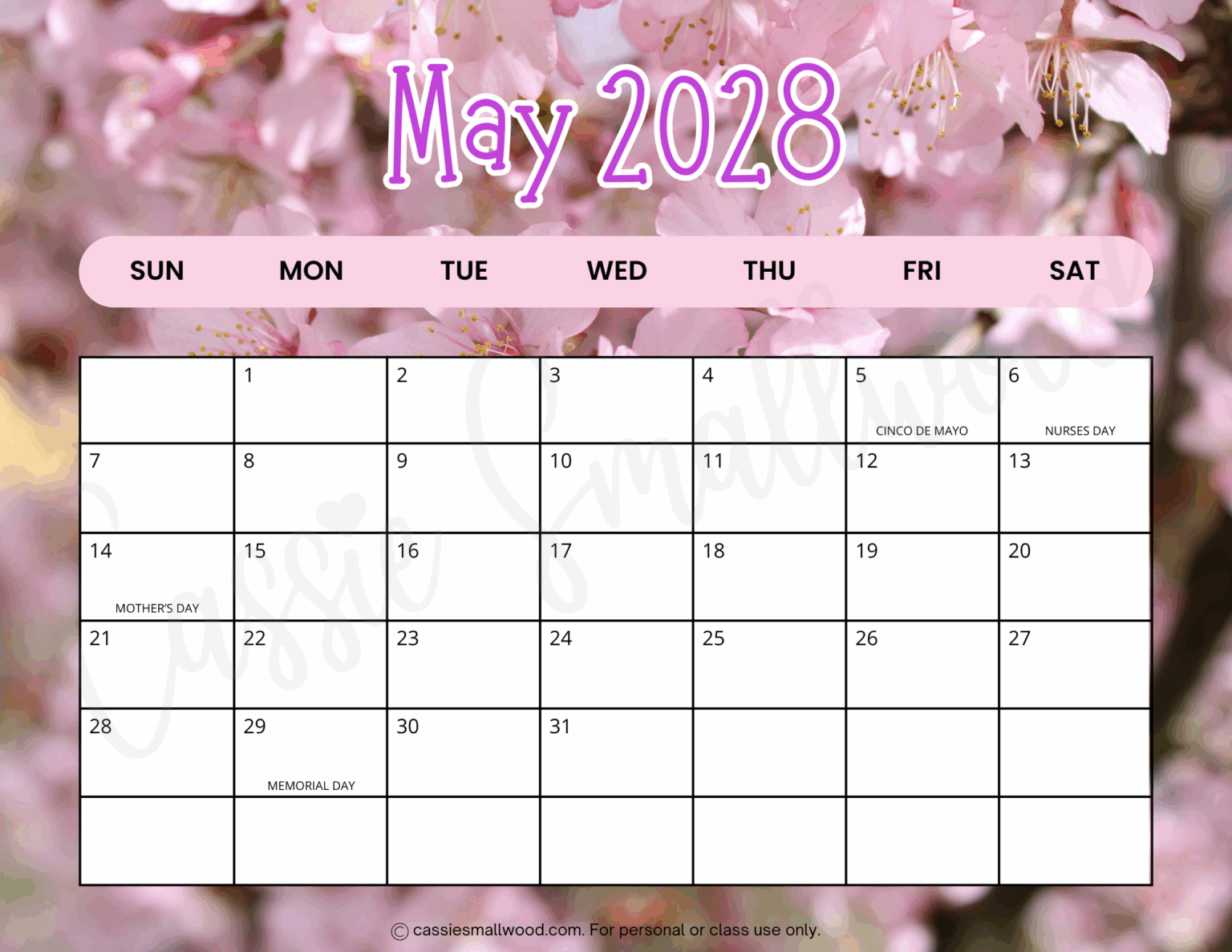 CUTE Free Printable 2028 Monthly Calendars (With Holidays & Without ...