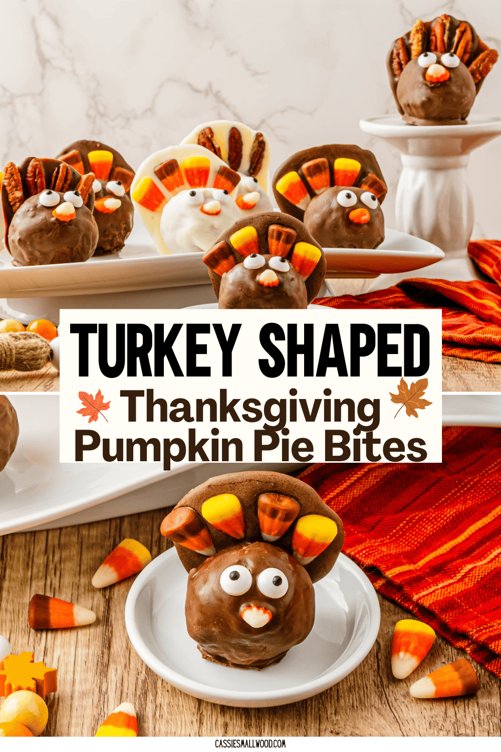Chocolate Covered Turkey-Shaped Pumpkin Pie Bites - Cassie Smallwood