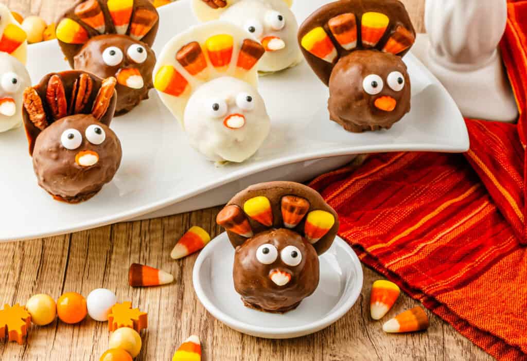 Chocolate Covered Turkey-Shaped Pumpkin Pie Bites - Cassie Smallwood